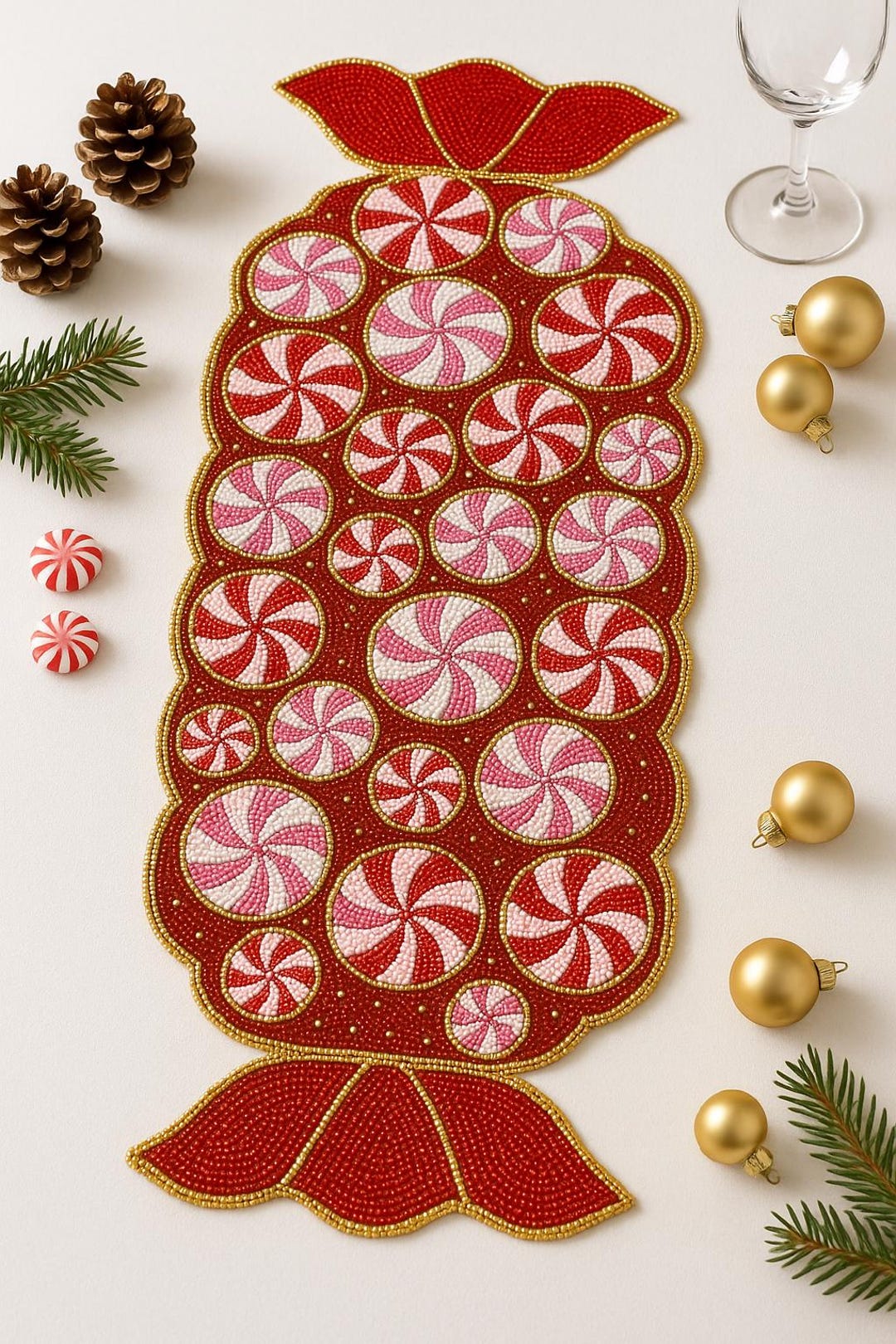 ALL SIZES Peppermint Candy Shape Beaded Christmas Table Runner 13x36 ...