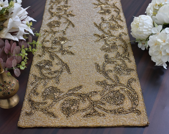 Handmade Bead Table Runner, Gold Table Mat, Hand Beaded Runner ...