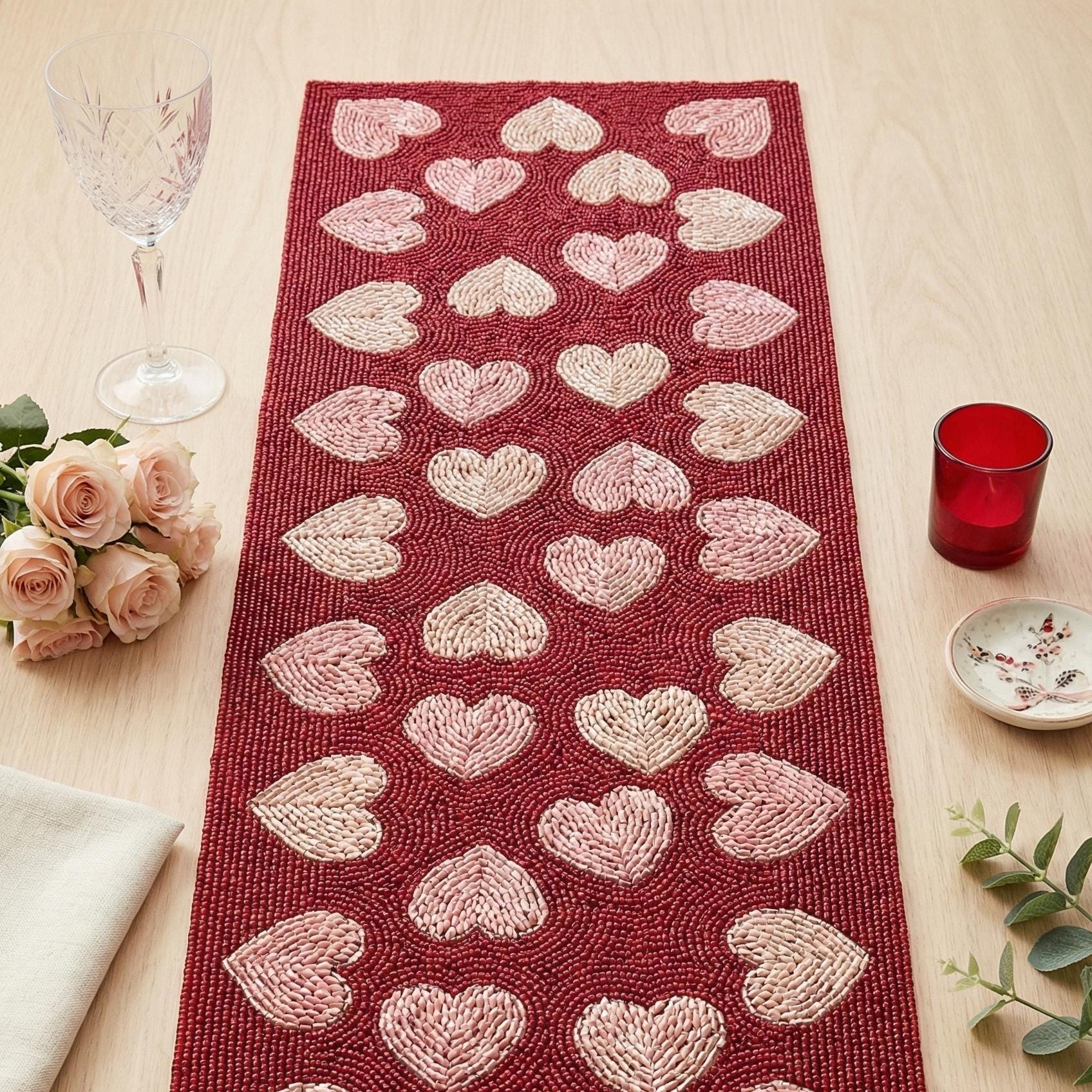ALL SIZES Handmade Red Beaded Table Runner With Pink Hearts, 36 Inch ...