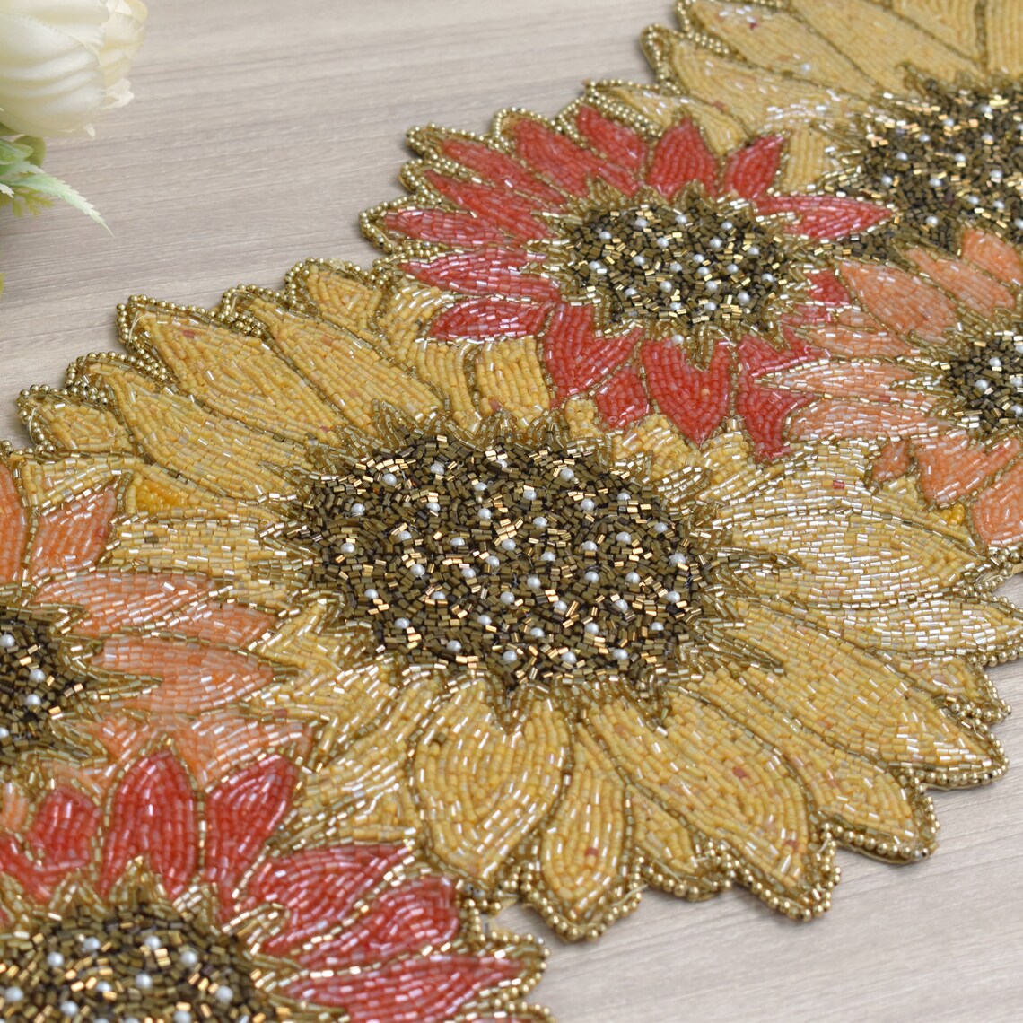 ALL SIZES Handmade Bead Table Runner, Orange Gold Sun Floral Luxury ...