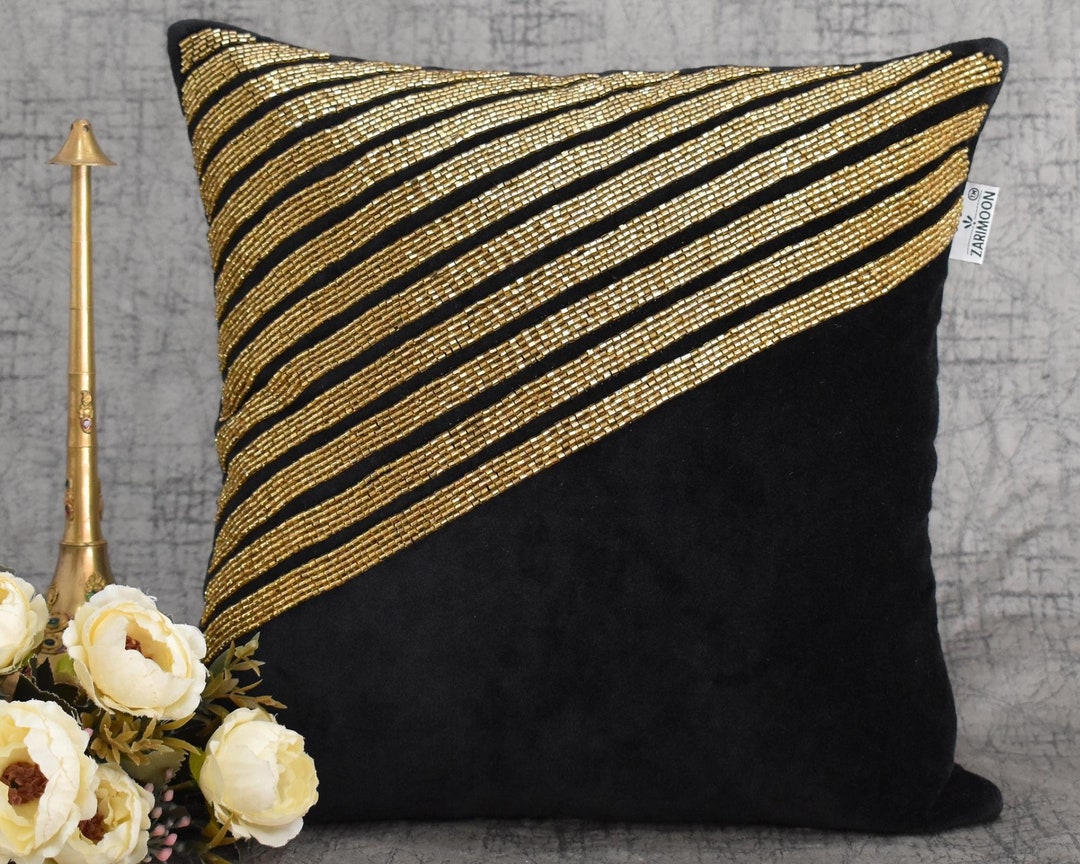 ALL SIZES Black Gold Beaded Pillow Cover Velvet Handmade Luxury ...