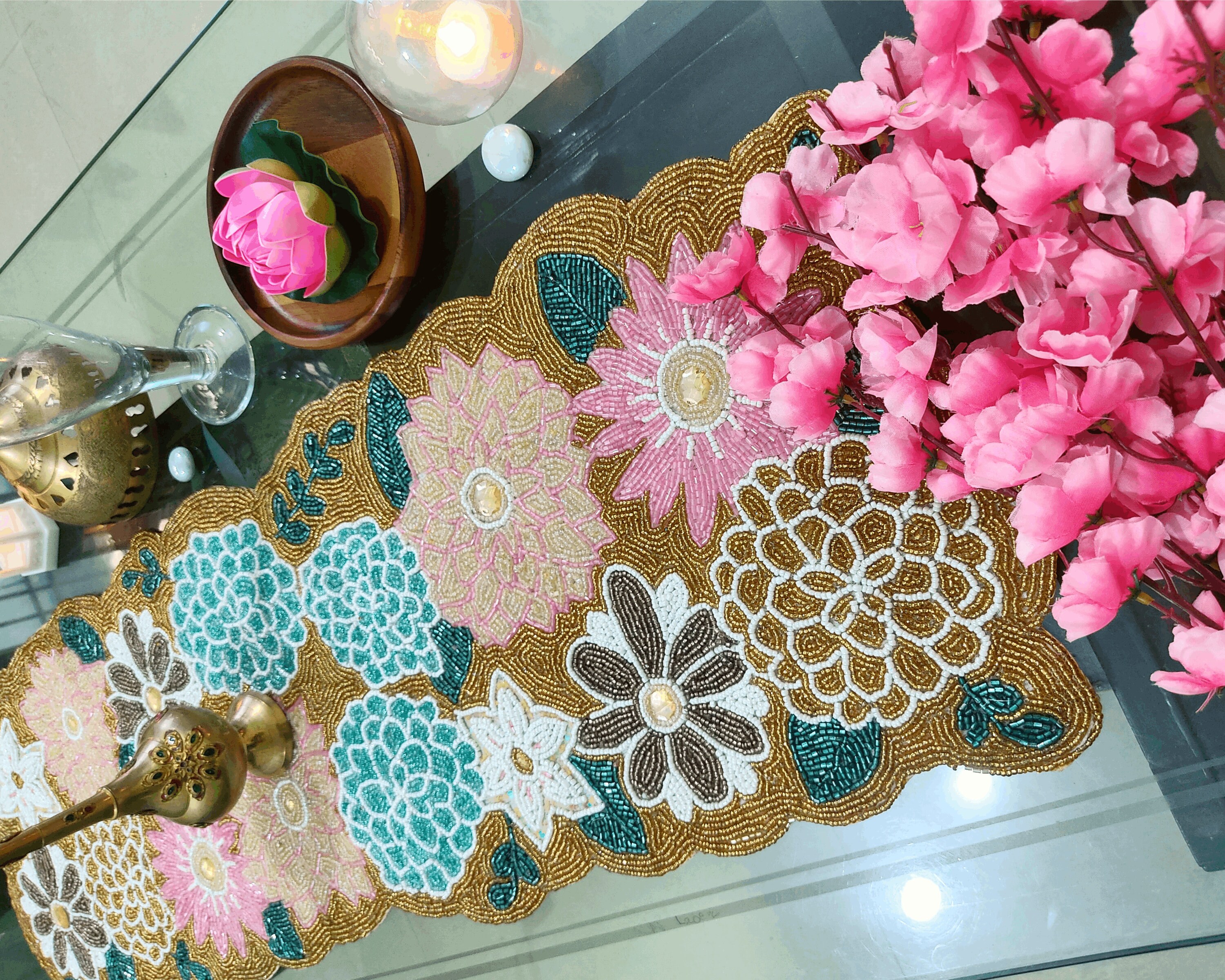 Handmade Beaded Table Runner, Floral Spring Gold Beaded Table Runner ...