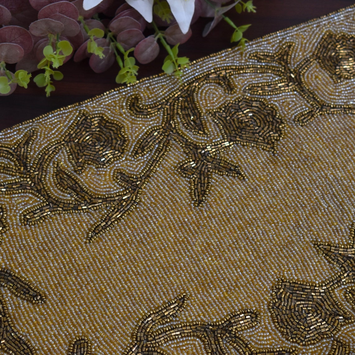 ALL SIZES Handmade Bead Table Runner, Gold Table Mat, Hand Beaded ...