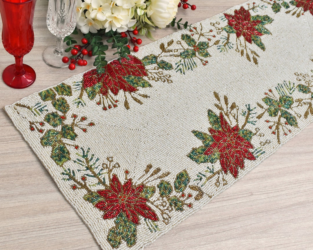 Christmas Handmade Bead Table Runner, White Red Green Floral Luxury ...