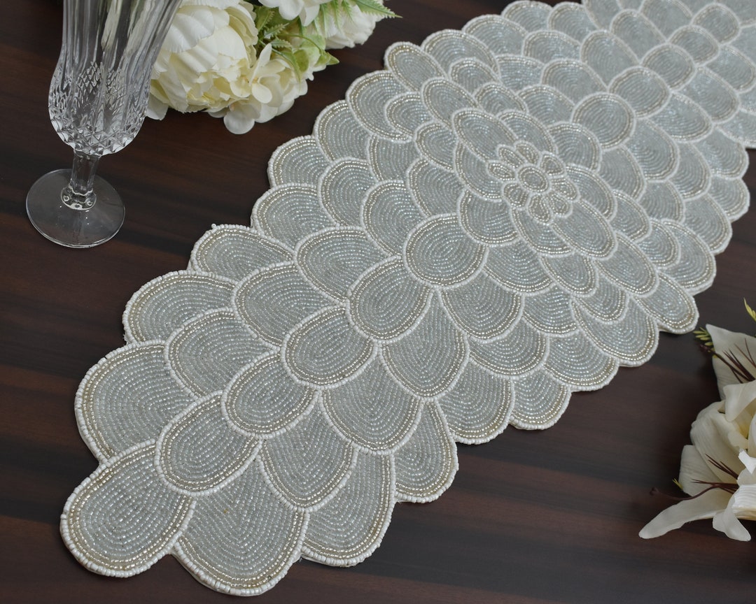 Handmade Bead Table Runner, White and Silver, Luxury Beaded Mat, Hand ...