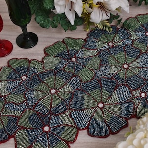 Handmade Table Runner, Beaded Table Runner, Floral Greenish Blue Multi ...