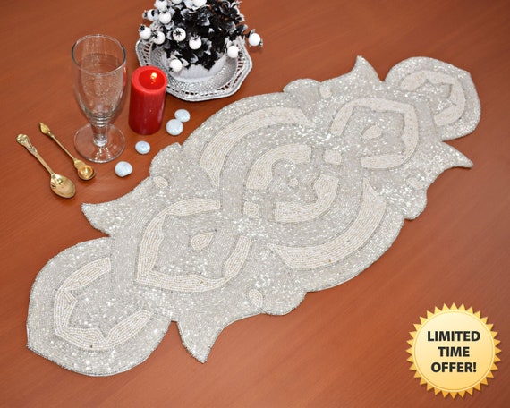 Handmade Bead Table Runner White and Silver Luxury Beaded - Etsy