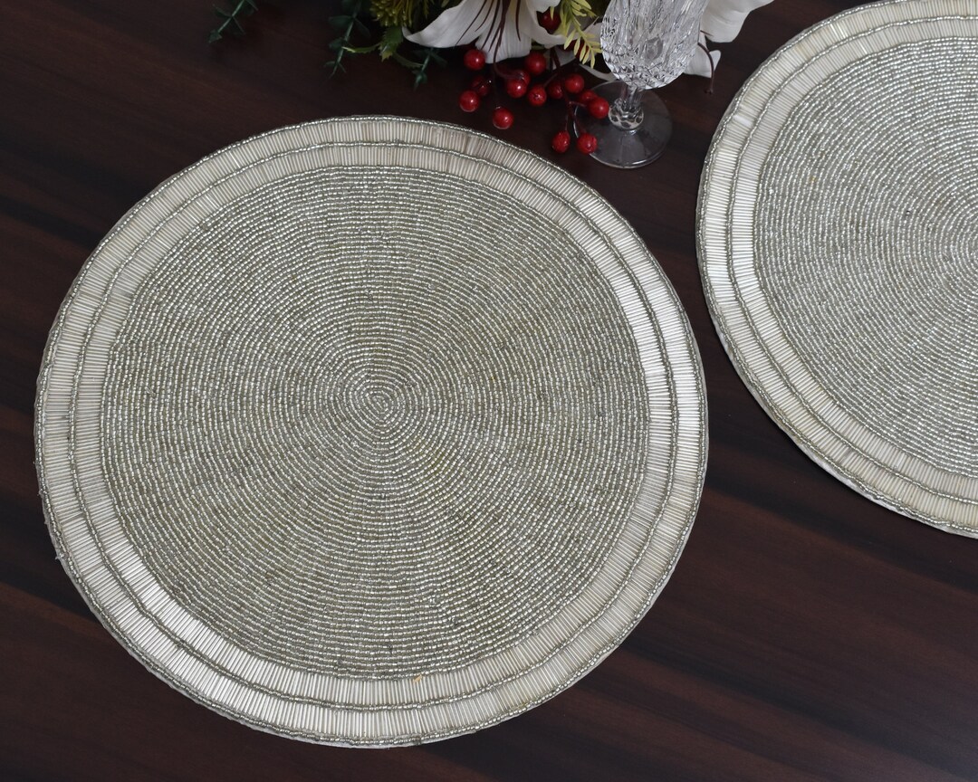 Handmade Beaded Placemat, Beaded Charger, Beaded Table Mat, Silver ...