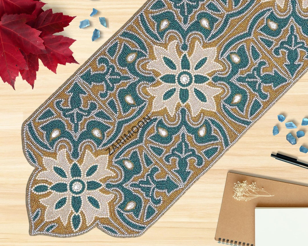 Handmade Table Runner, Beaded Runner, Blue and Gold Table Mat Beaded ...