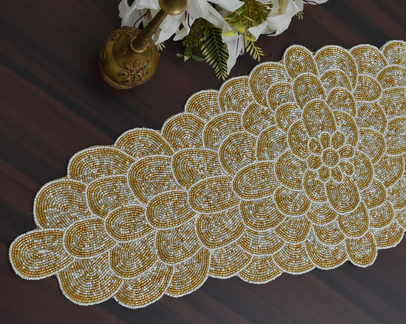 ALL SIZES Handmade Bead Table Runner, White and Gold Floral, Luxury ...