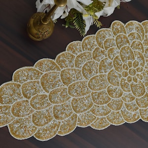 ALL SIZES Handmade Bead Table Runner, White and Gold Floral, Luxury ...