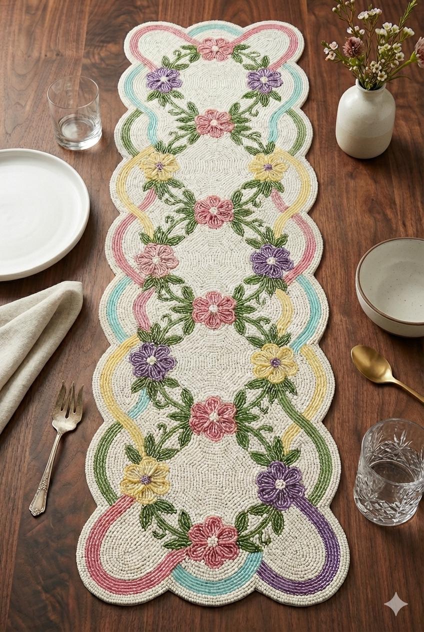 Pastel Pink & Purple Floral Beaded Table Runner - Handcrafted Cream ...