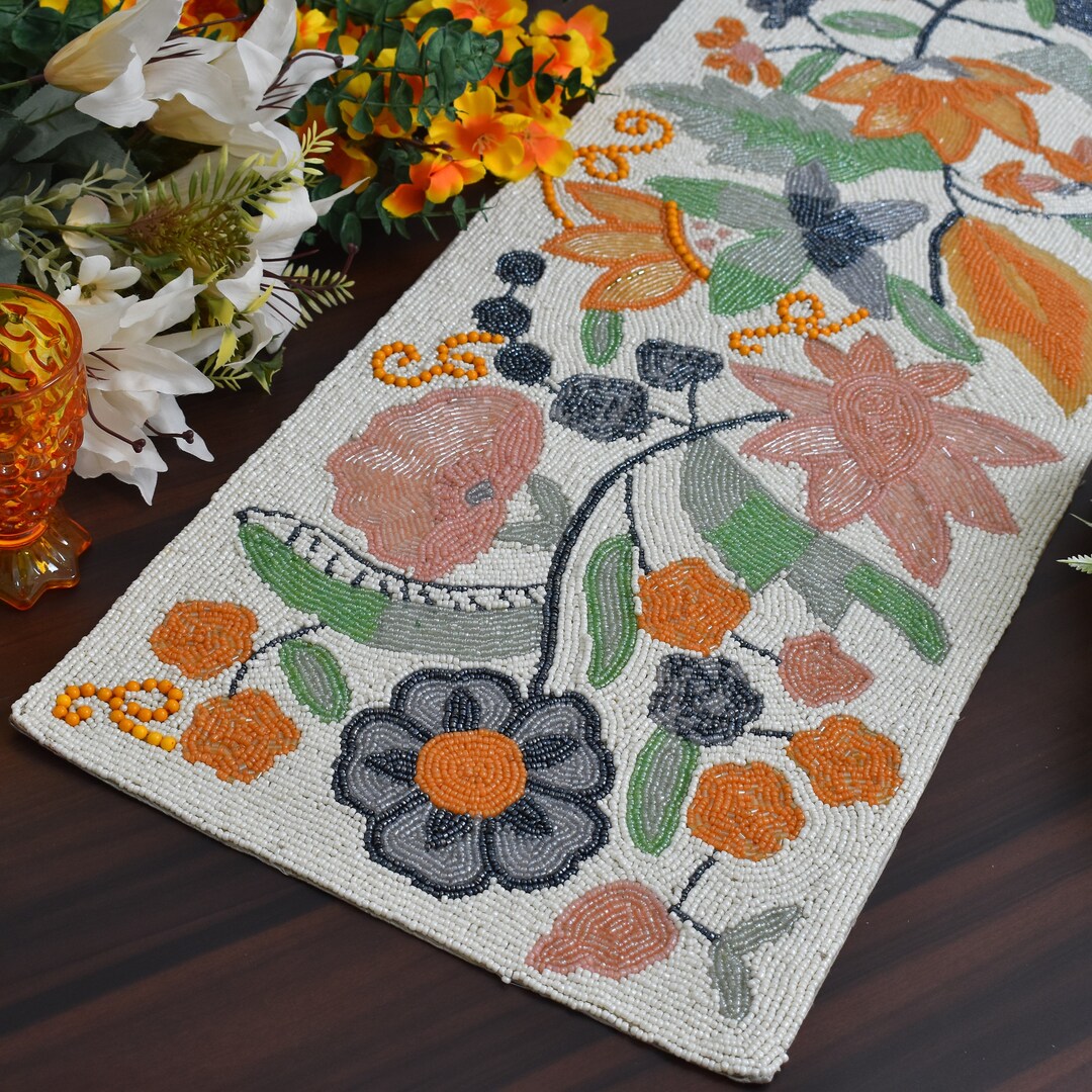 Handmade Table Runner, Beaded Table Runner, Multi Color Floral Table ...
