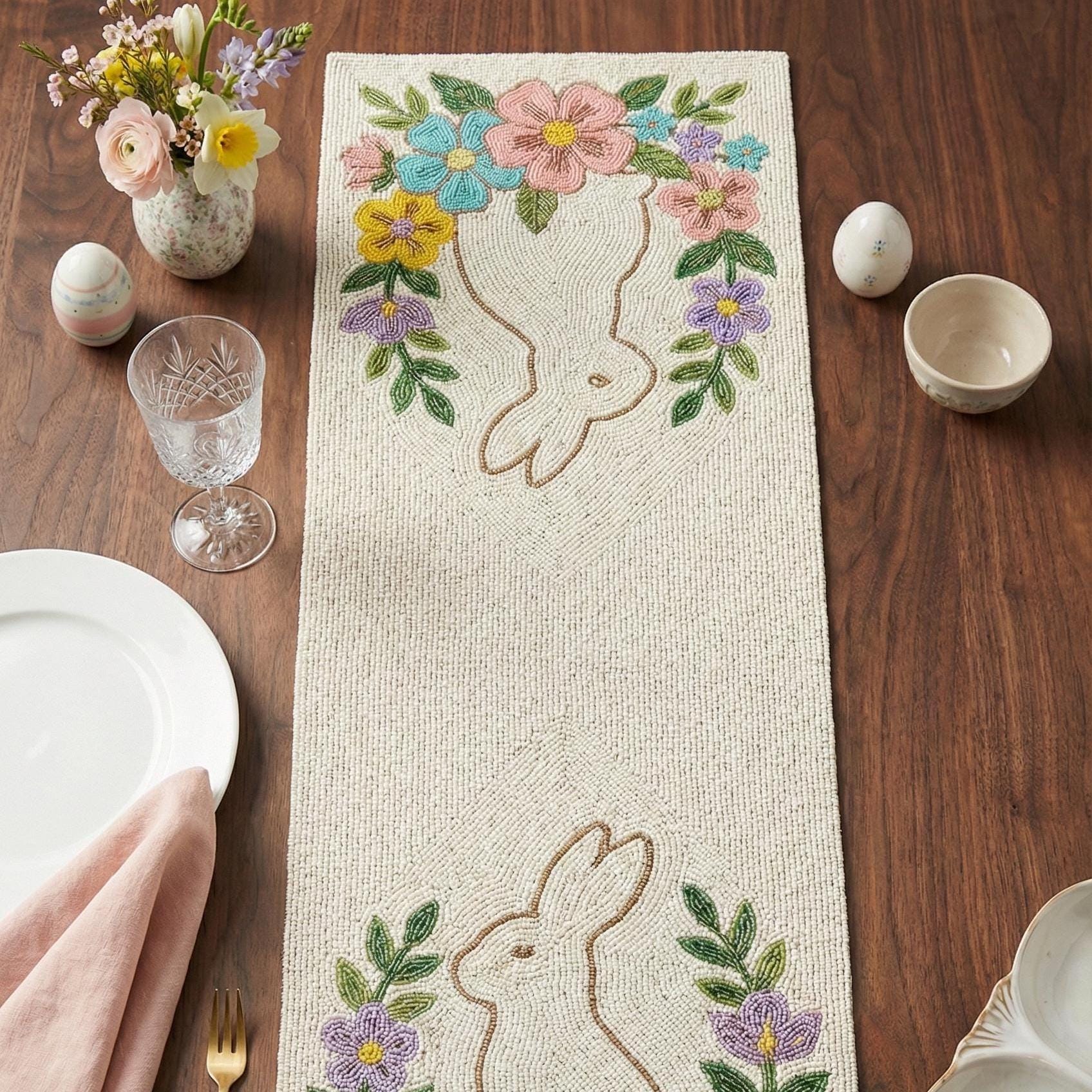 ALL SIZES Pastel Floral Easter Bunny Beaded Table Runner - Handcrafted ...