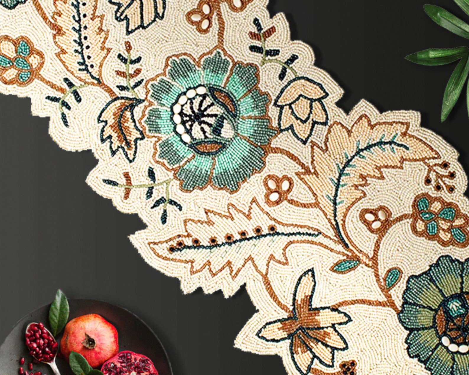 Handmade Table Runner, White and Pink, Floral Beaded Mat, Hand Beaded ...