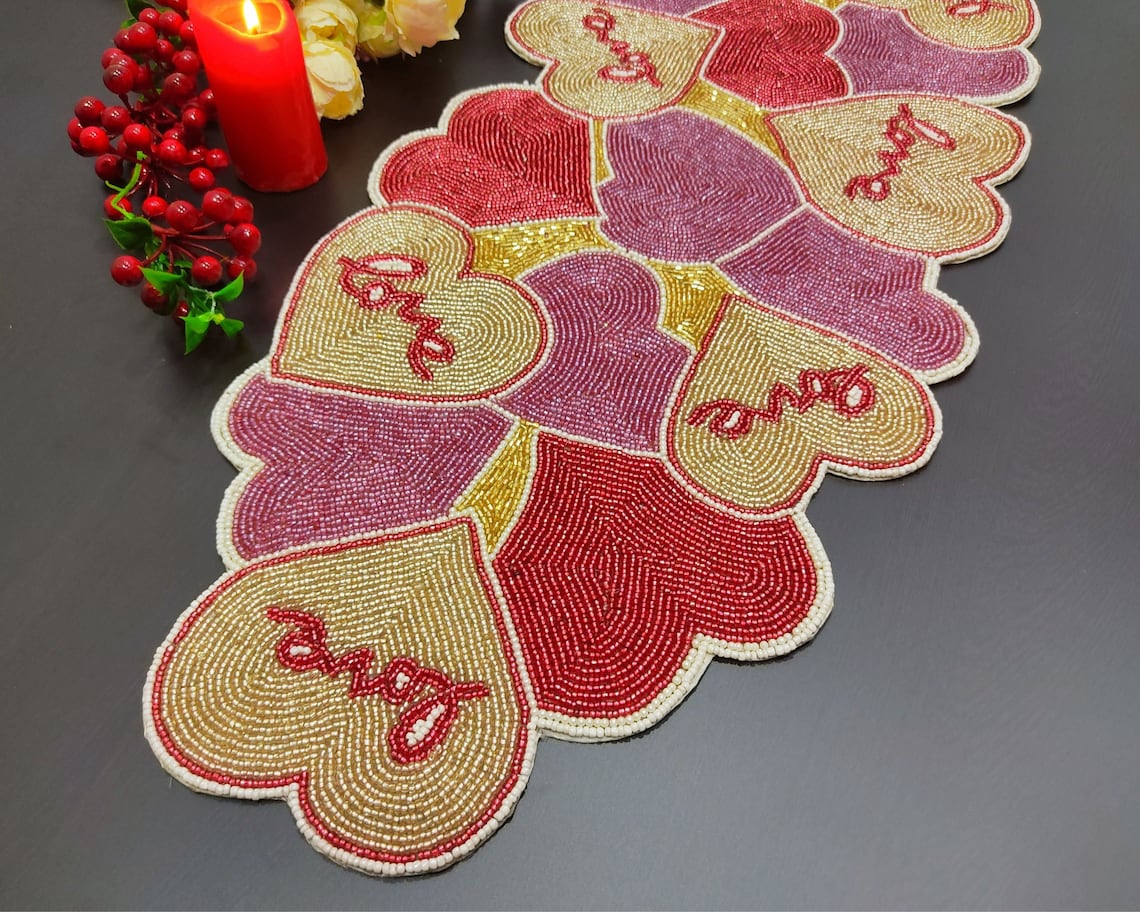 Valentine's Day Table Runner, Luxury Beaded Runner, Red and Gold Hearts ...