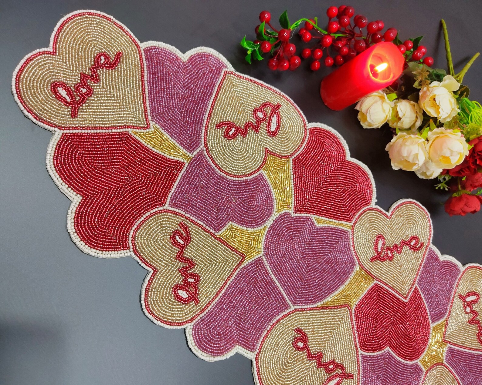 Valentine's Day Table Runner, Luxury Beaded Runner, Red and Gold Hearts ...