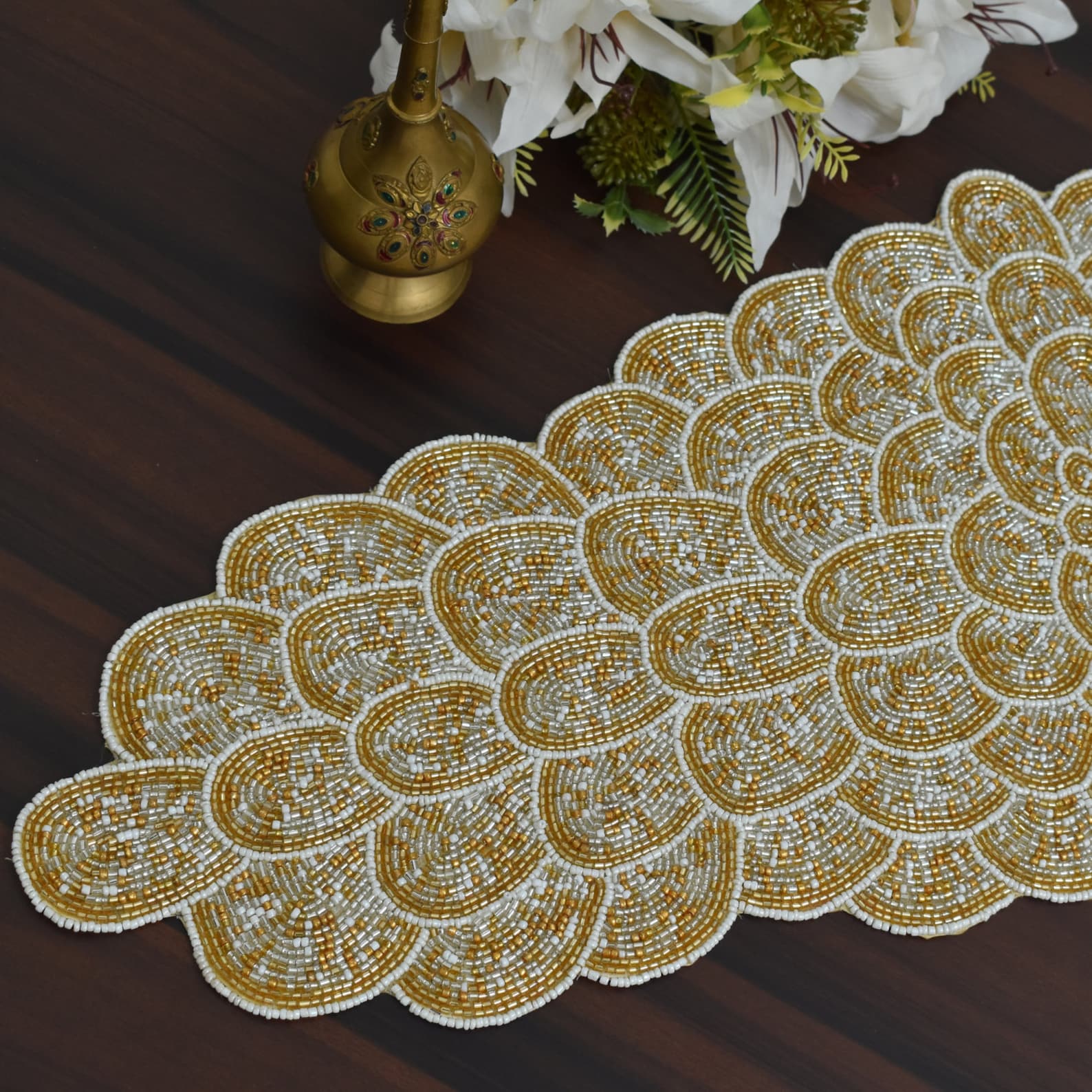 ALL SIZES Handmade Bead Table Runner, White and Gold Floral, Luxury ...