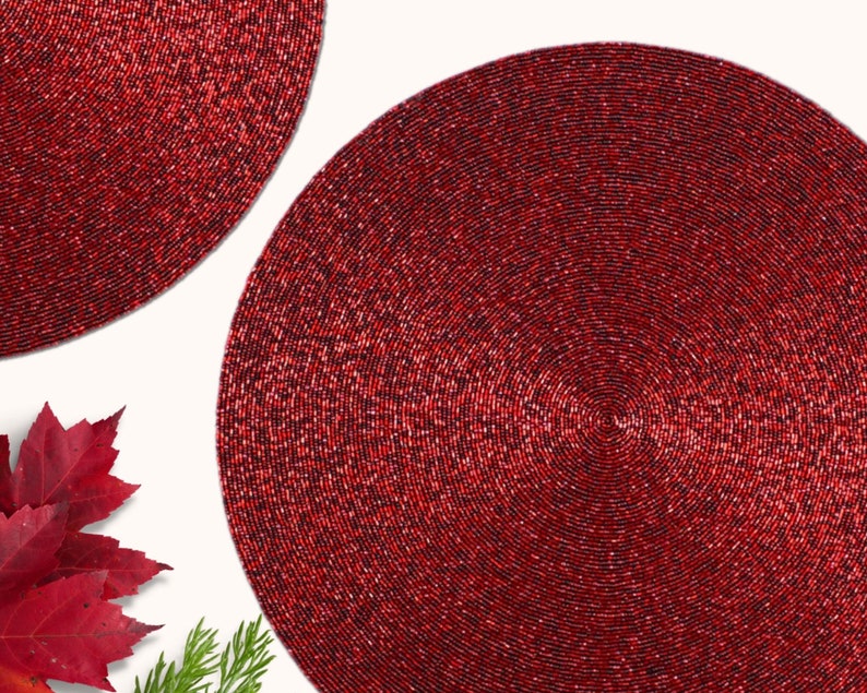 Handmade Beaded Placemat Christmas Red Round Table Mat - Etsy