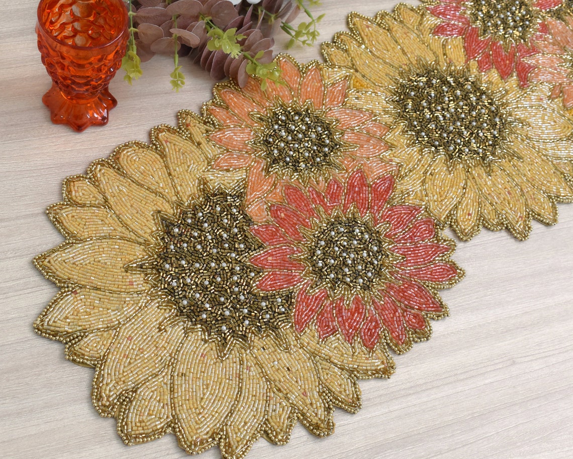 ALL SIZES Handmade Bead Table Runner, Orange Gold Sun Floral Luxury ...