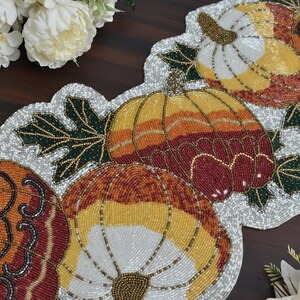 Handmade Bead Table Runner, Pumpkin Table Runner, Pumpkin Fall Gold Black Runner, Hand Beaded ...