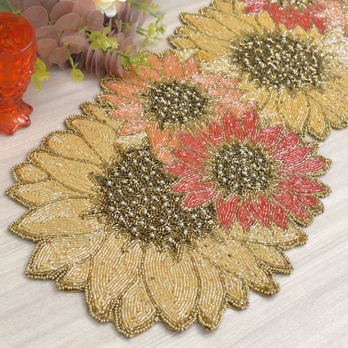 ALL SIZES Handmade Bead Table Runner, Orange Gold Sun Floral Luxury ...