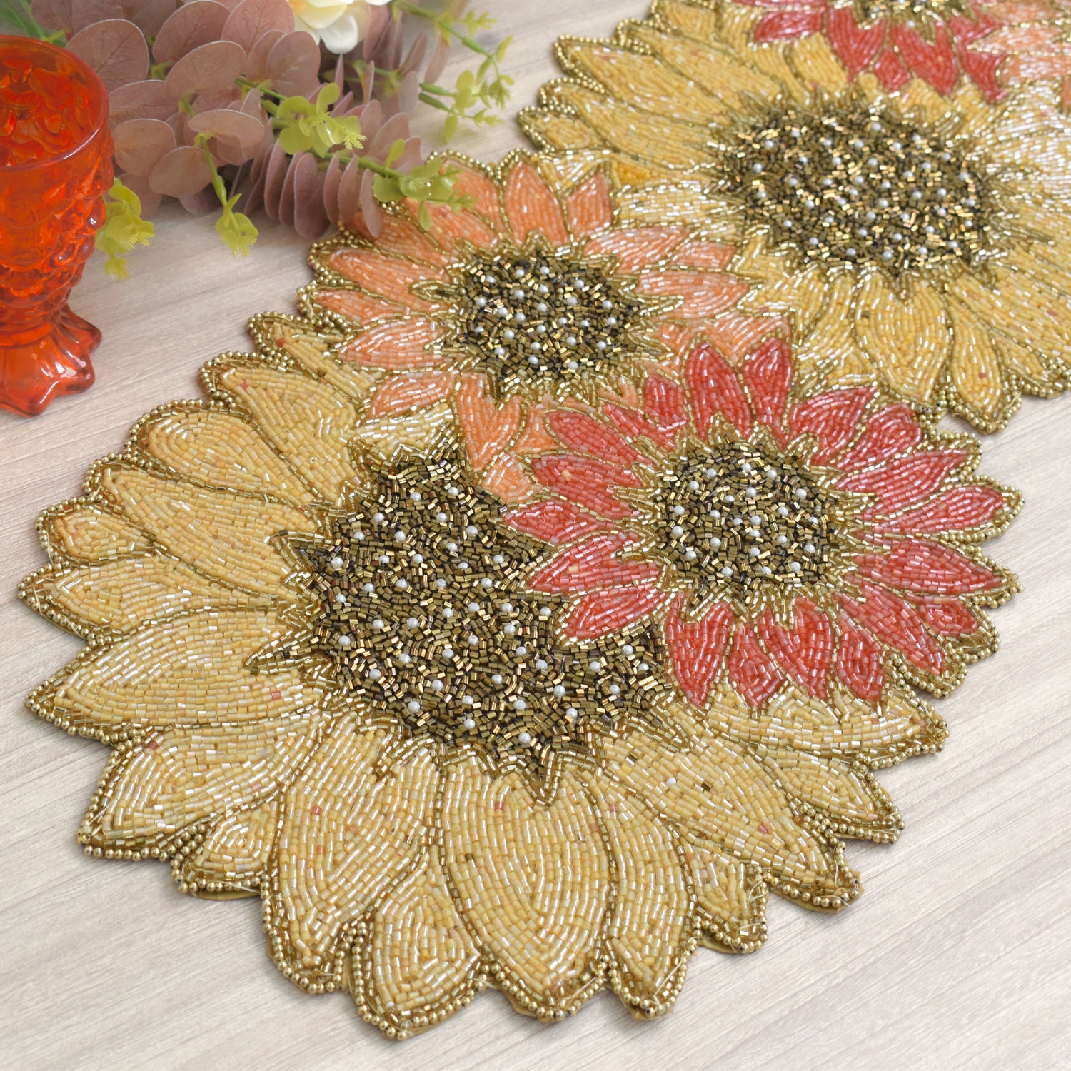 Handmade Bead Table Runner, Orange Gold Sun Floral Luxury Beaded Mat ...