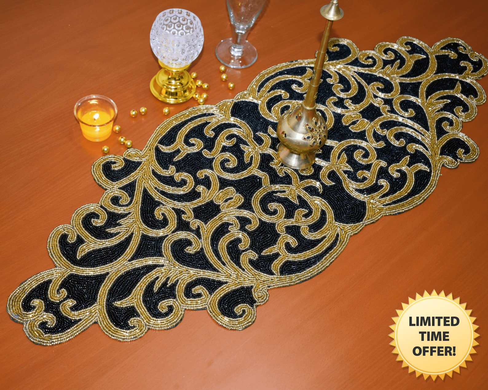 Black Gold Handmade Table Runner, Gold and Black, Hand Beaded Runner ...
