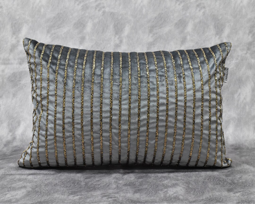 ALL SIZES Grey Antique Gold Throw Pillow Cover Beaded Luxury Modern ...
