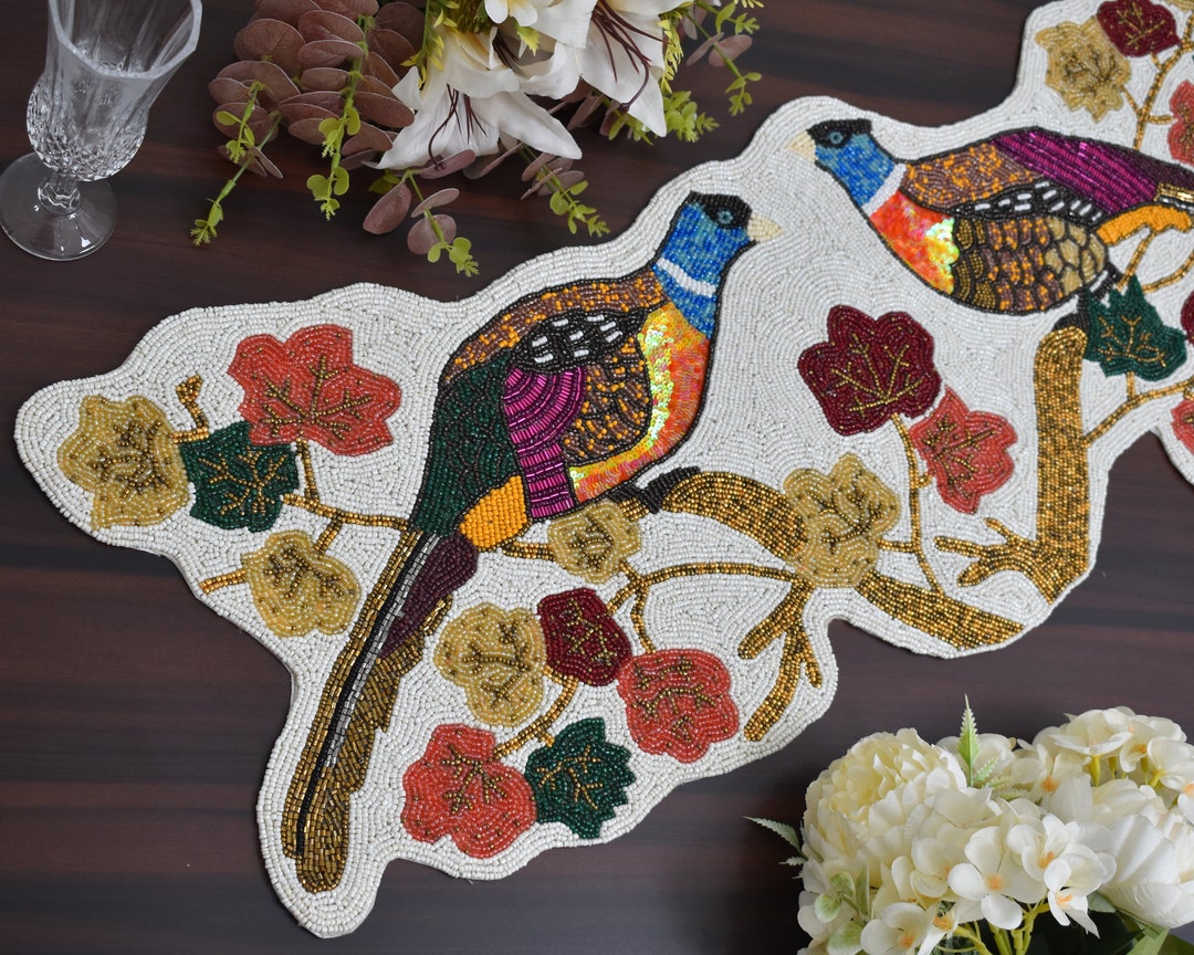 Handmade Table Runner, Beaded Table Runner, Birds Multi Color Runner, Summer Decor Hand Beaded ...