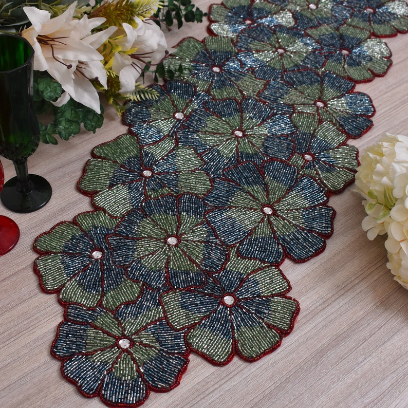 Handmade Table Runner, Beaded Table Runner, Floral Greenish Blue Multi ...