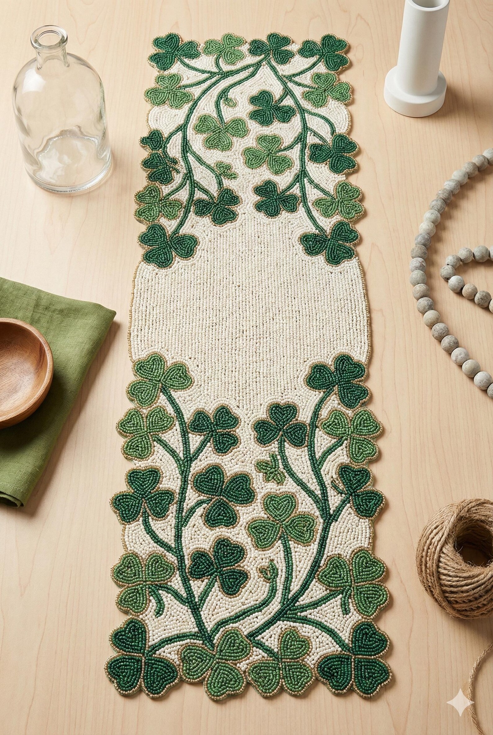 Hand-beaded Green and Cream Shamrock Table Runner - St. Patrick's Day ...