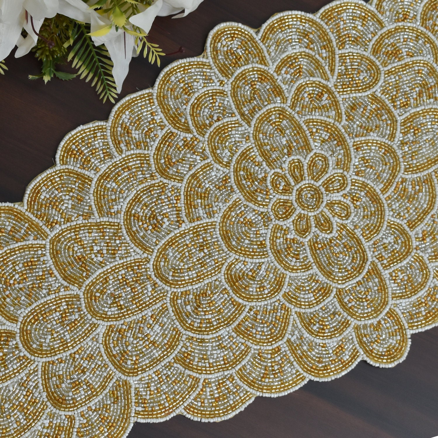 ALL SIZES Handmade Bead Table Runner, White and Gold Floral, Luxury ...