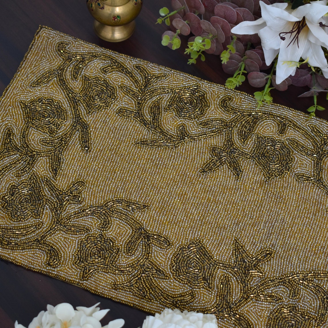 ALL SIZES Handmade Bead Table Runner, Gold Table Mat, Hand Beaded ...
