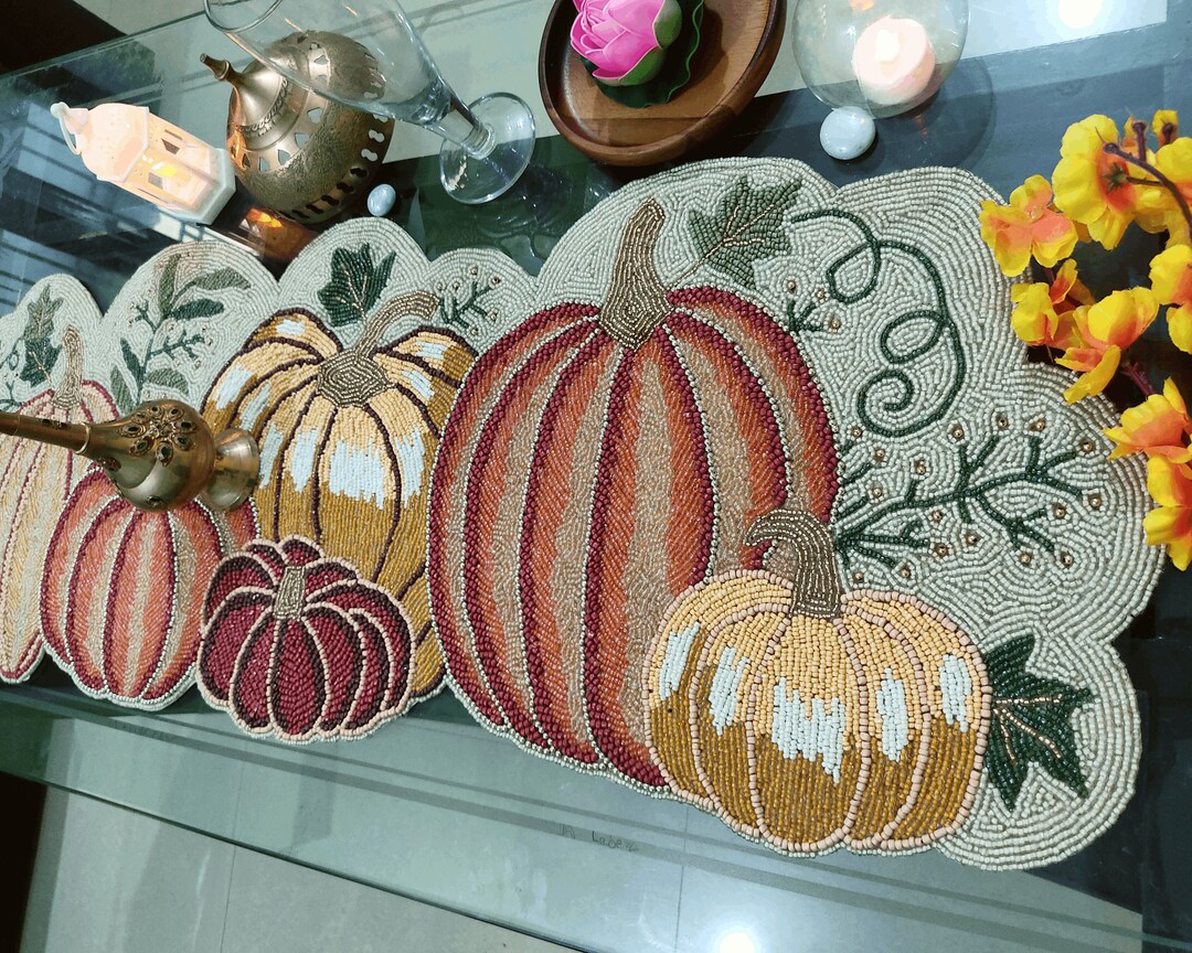 Handmade Bead Table Runner and Placemat, Fall Runner, Pumpkin Halloween ...