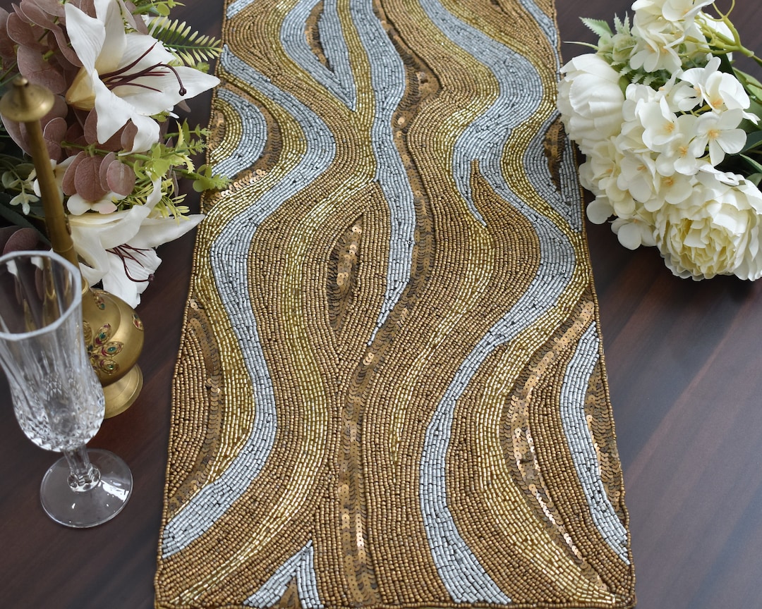 Handmade Bead Table Runner, Gold and Silver Table Mat, Hand Beaded ...