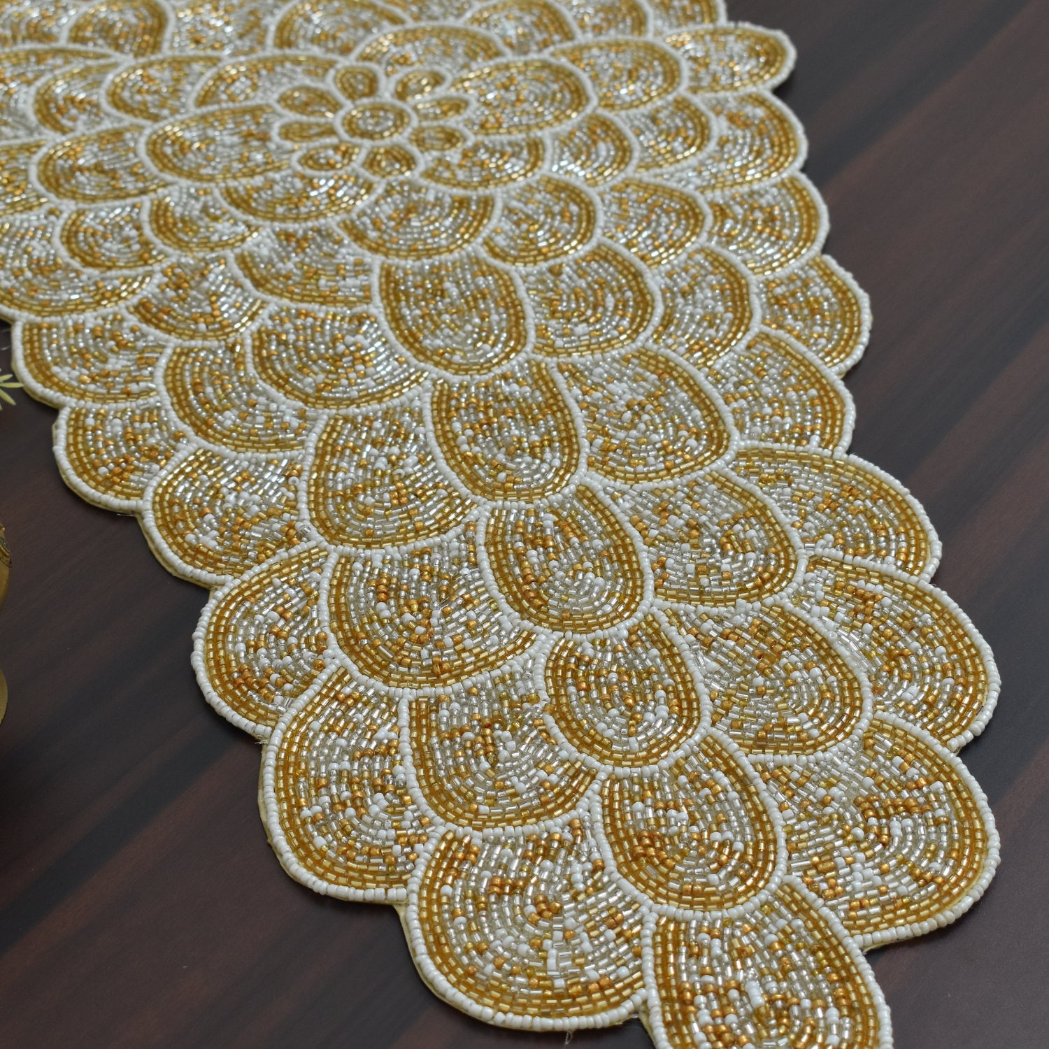 ALL SIZES Handmade Bead Table Runner, White and Gold Floral, Luxury ...