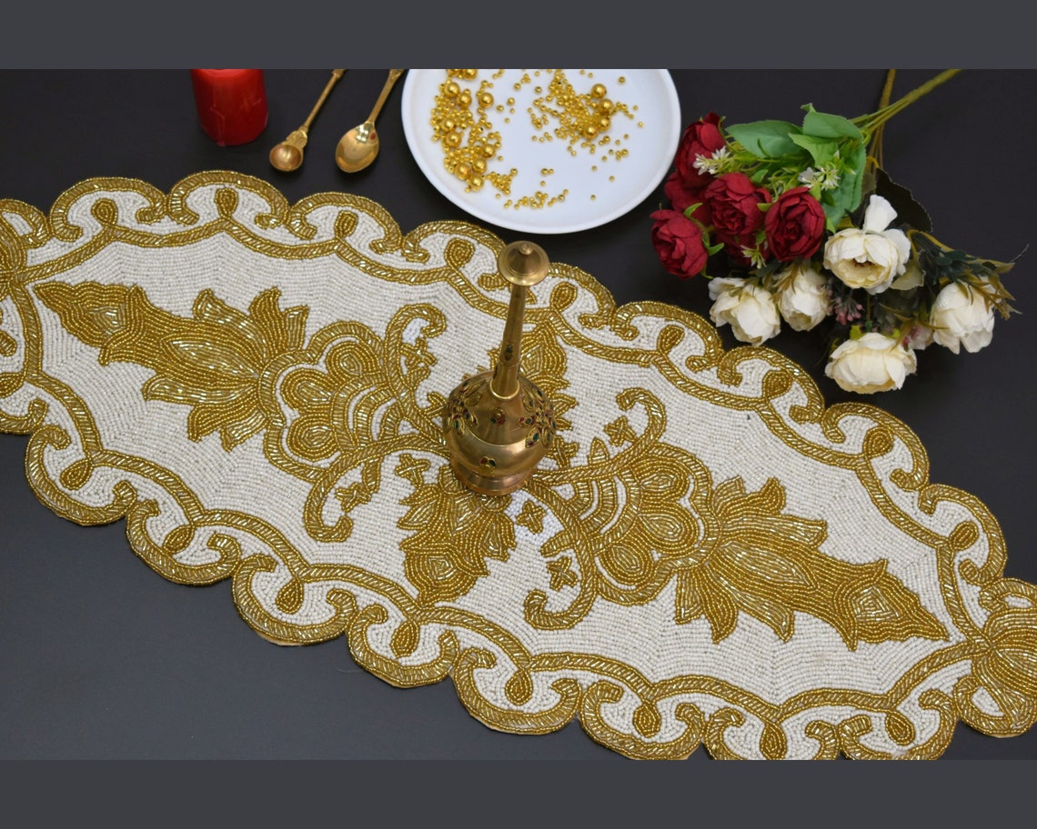 ALL SIZES Handmade Table Runner, White and Gold, Luxury Beaded Mat ...