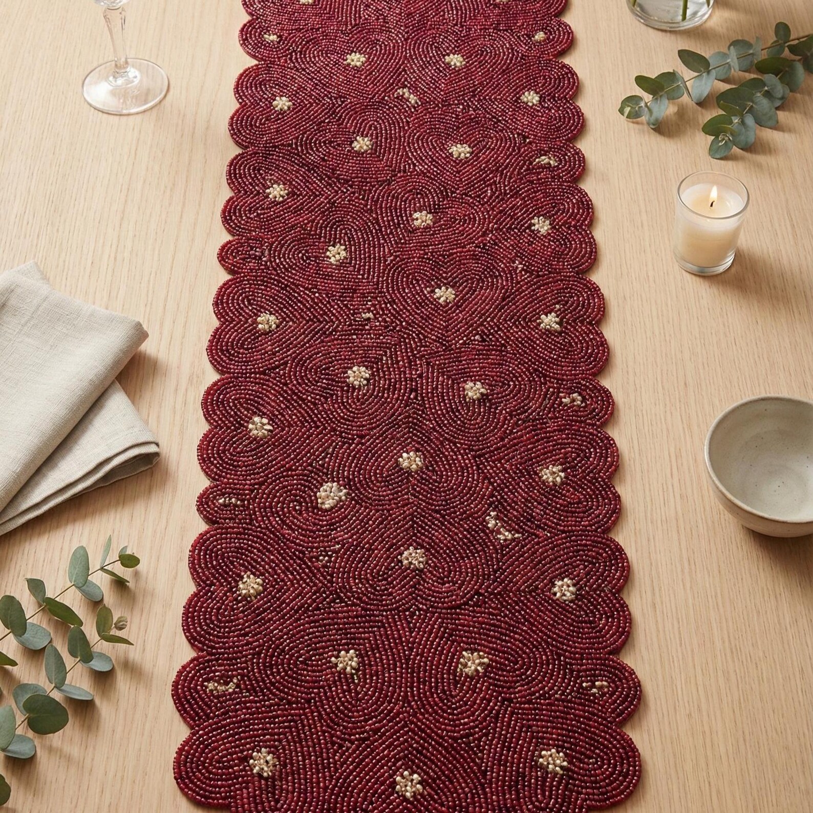 Maroon Red Beaded Heart Table Runner - Elegant Handmade Valentine’s Day ...