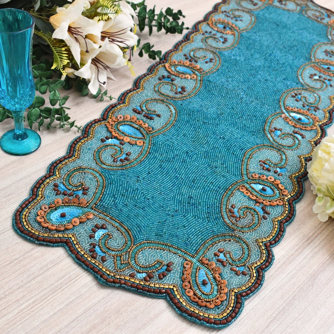 Handmade Table Runner, Beaded Table Runner, Greenish Blue Multi Color ...