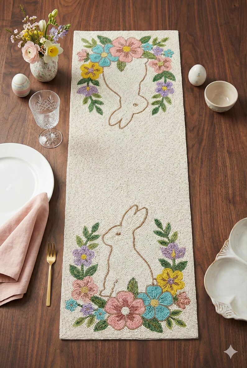 ALL SIZES Pastel Floral Easter Bunny Beaded Table Runner - Handcrafted ...