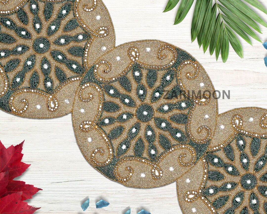 Luxury Handmade Table Runner, Beaded Table Runner, Gold and Green Table ...