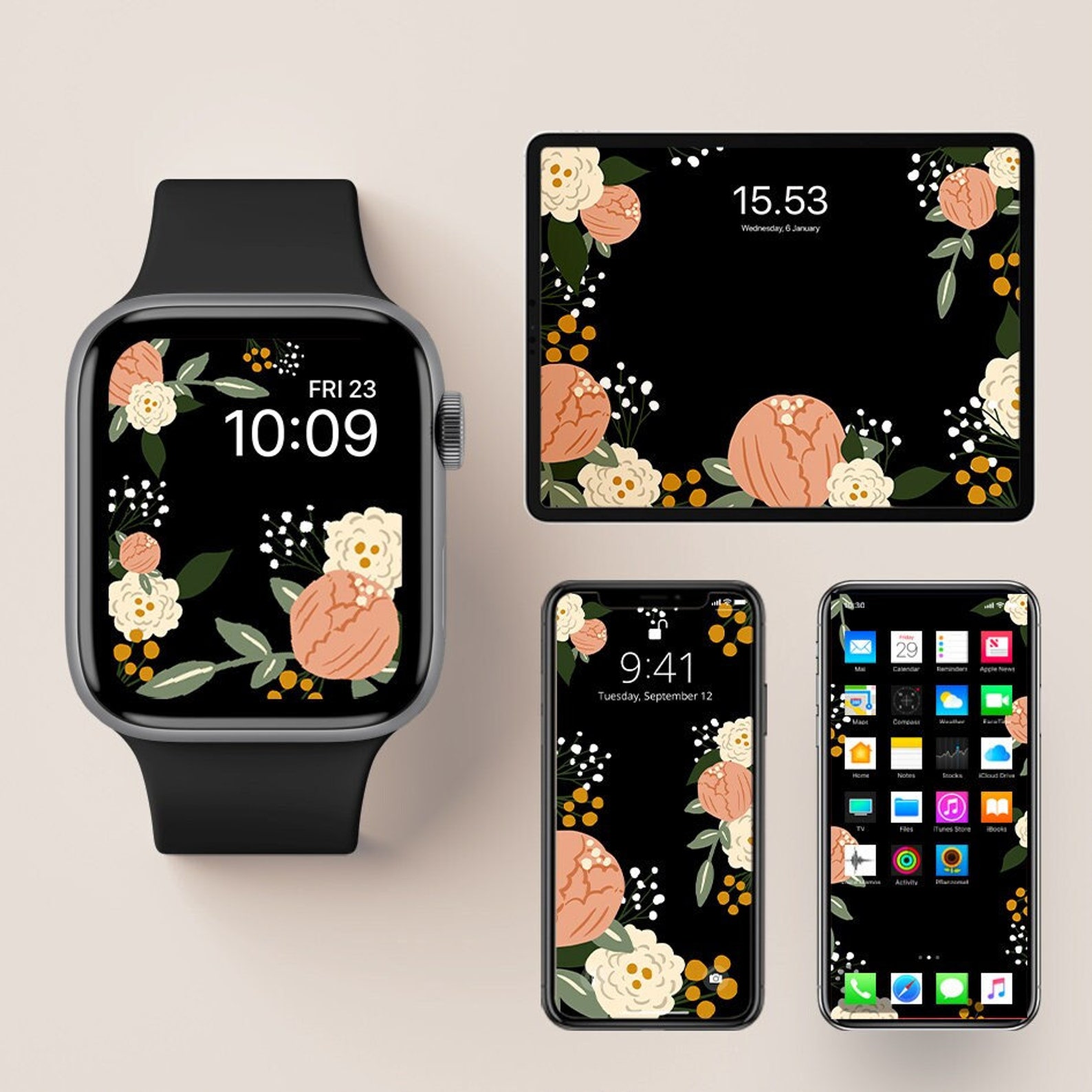 Blossom Black Apple Watch Wallpaper Floral Flower Garden. Matching ...