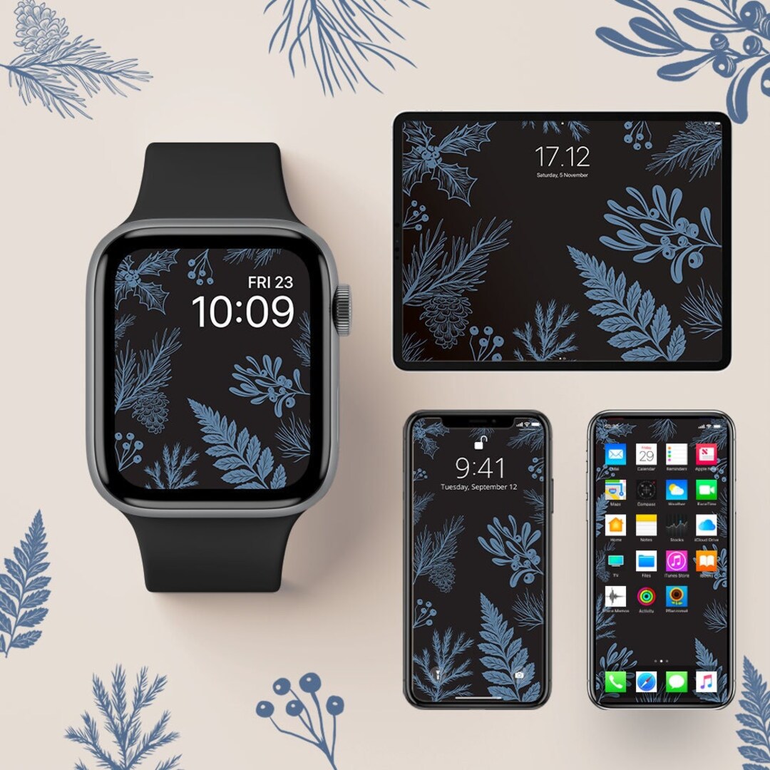 Winter Ferns Apple Watch Wallpaper | Chinoiserie Dark Blue Pattern ...
