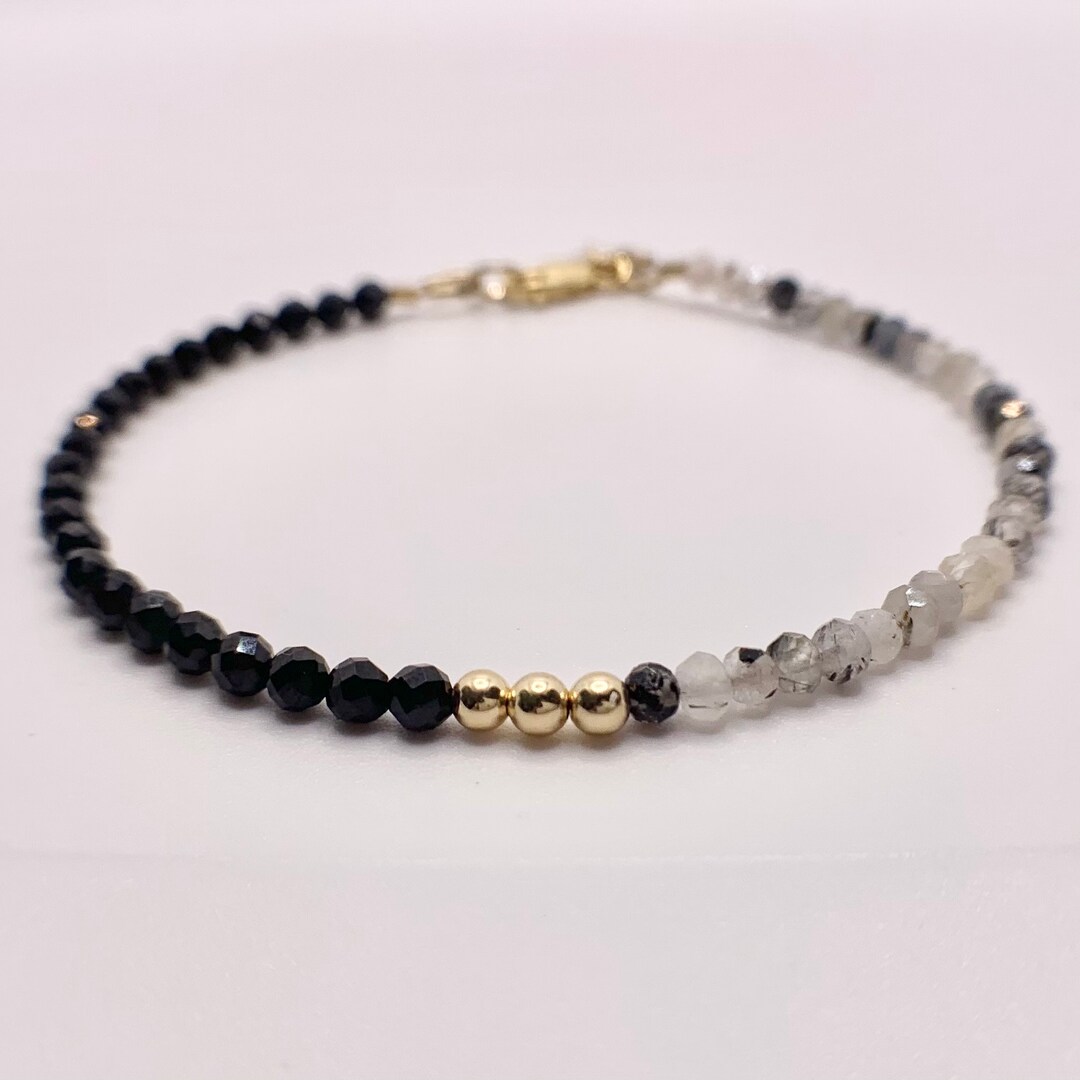 Sagenitic Quartz & Black Spinel Bracelet, Dainty Beaded Bracelet ...