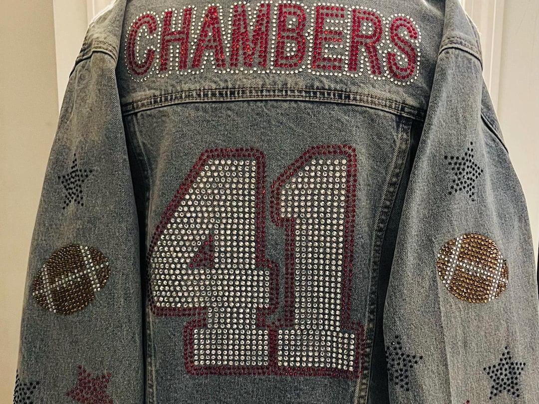Custom Rhinestone SPORTS FAN Denim Jacket With Sports Ball Sleeves ...