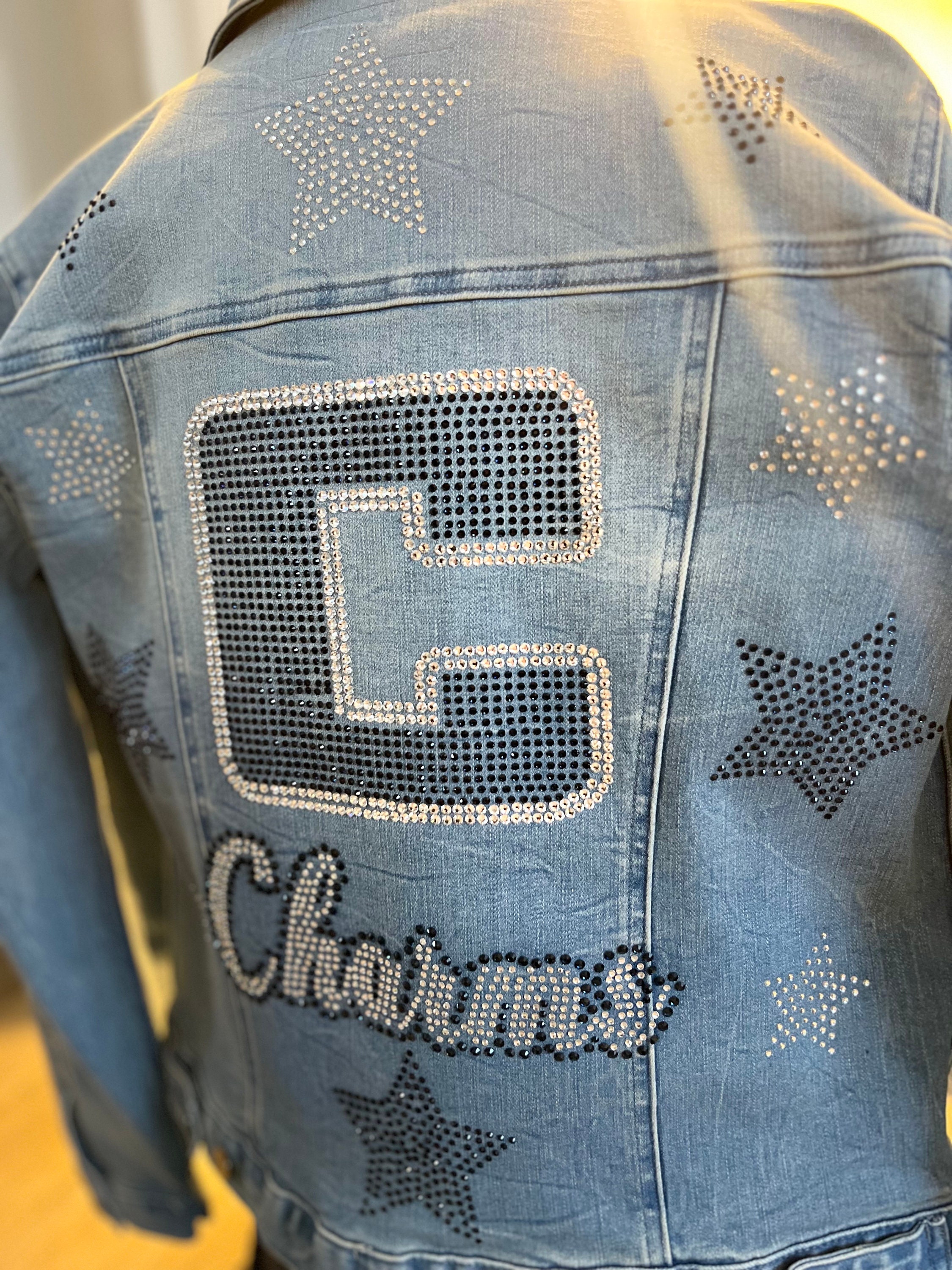 Custom Rhinestone Denim Jacket: Personalized Varsity Letter Cheer Team ...