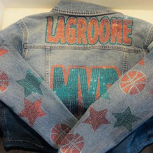 Custom Rhinestone SPORTS FAN Denim Jacket With Sports Ball Sleeves ...