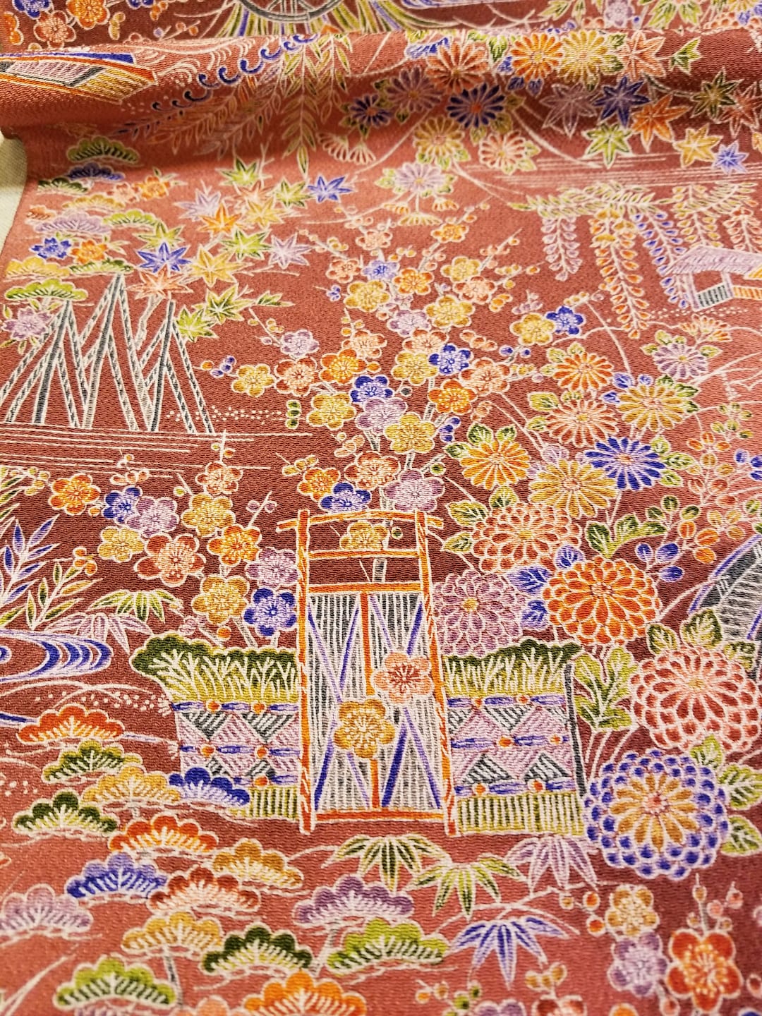 Vintage Japanese Silk Kimono Fabric/ Bingata Rural Scene/by the Yard - Etsy