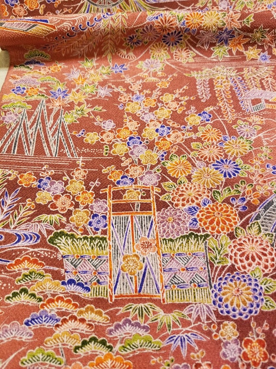 Vintage Japanese Silk Kimono Fabric/ Bingata Rural Scene/by - Etsy